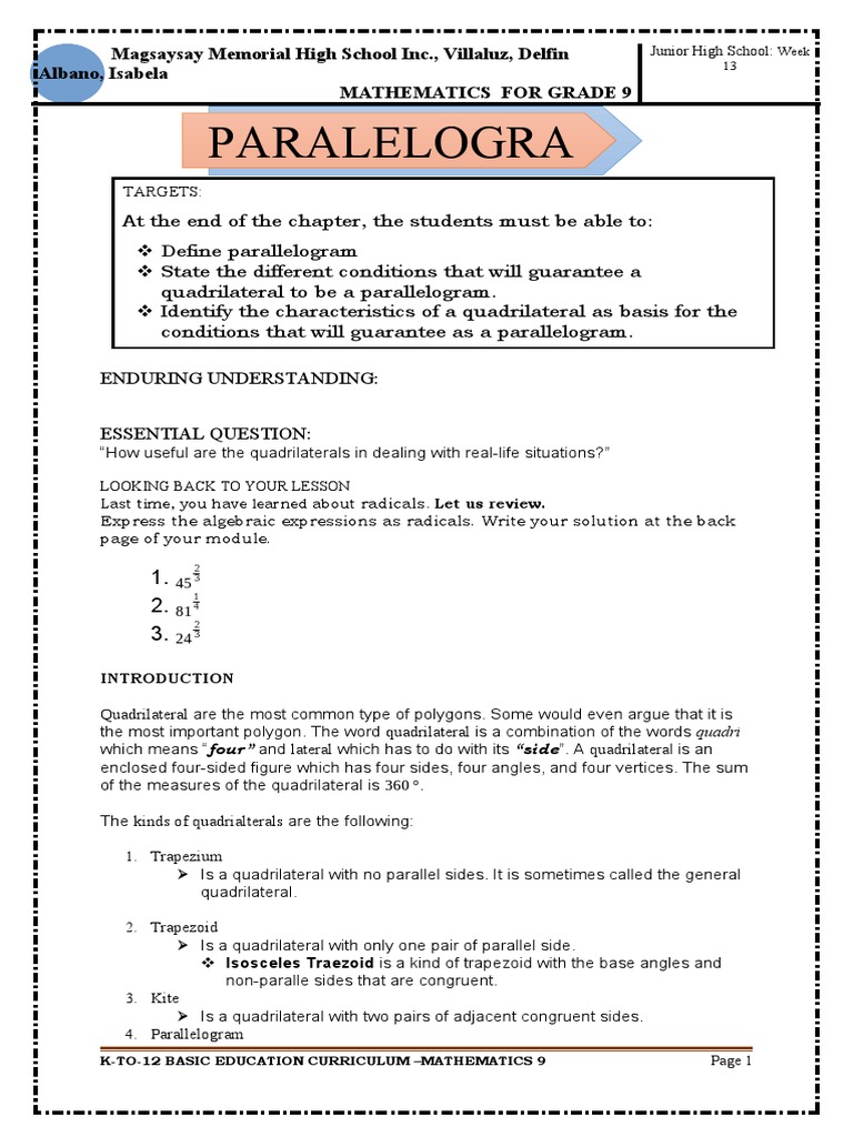 G - 9 Math Week 13 | PDF | Rectangle | Elementary Mathematics