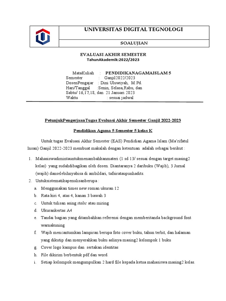 Soal Eas Pai 5 Ma'Rifatul Insan Utd | PDF