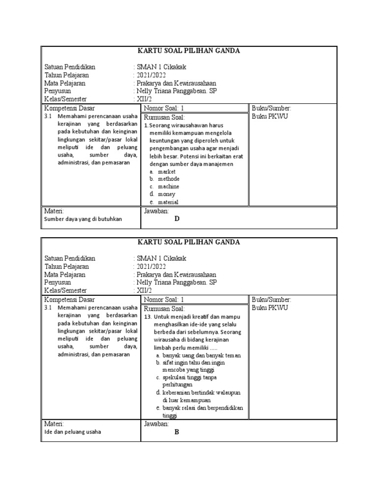 Kartu Soal Pas Kelas Xii Pkwu | PDF