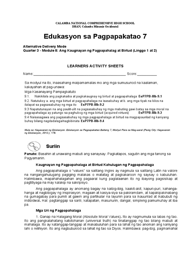 Edukasyon Sa Pagpapakatao 7: Suriin | PDF