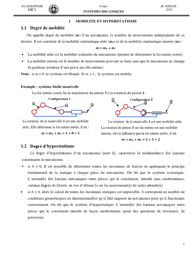Mobilité et Hyperstatisme des Mécanismes | PDF | Ingénierie mécanique ...