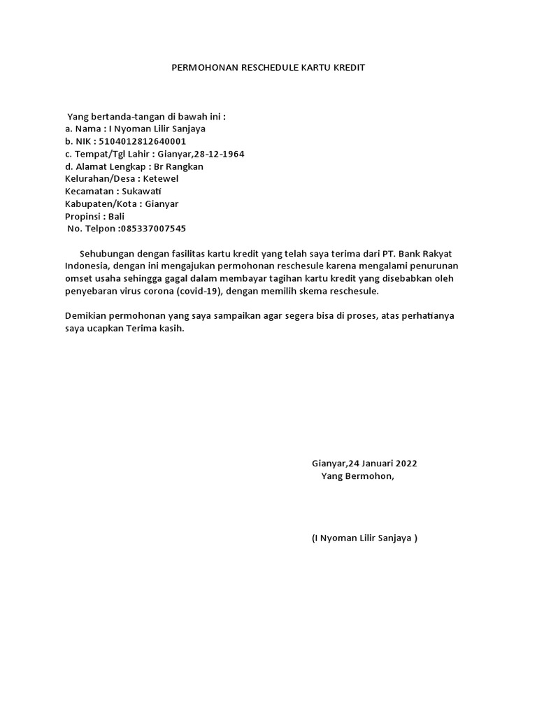 Surat Permohonan Reschedule Kartu Kredit | PDF