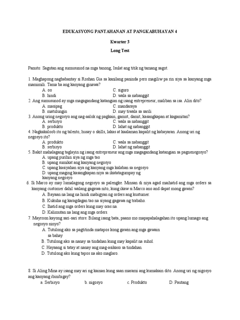 3rd Qrtr. First Summative Grade 4 | PDF