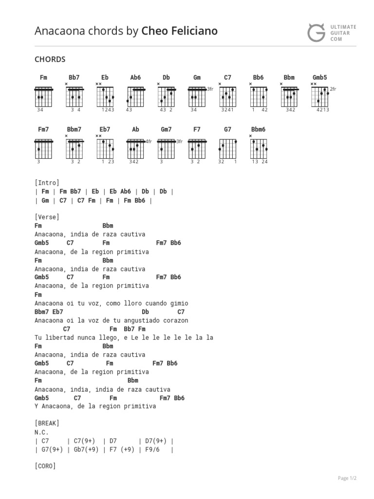 Anacaona Chords (Ver 2) by Cheo Feliciano | PDF