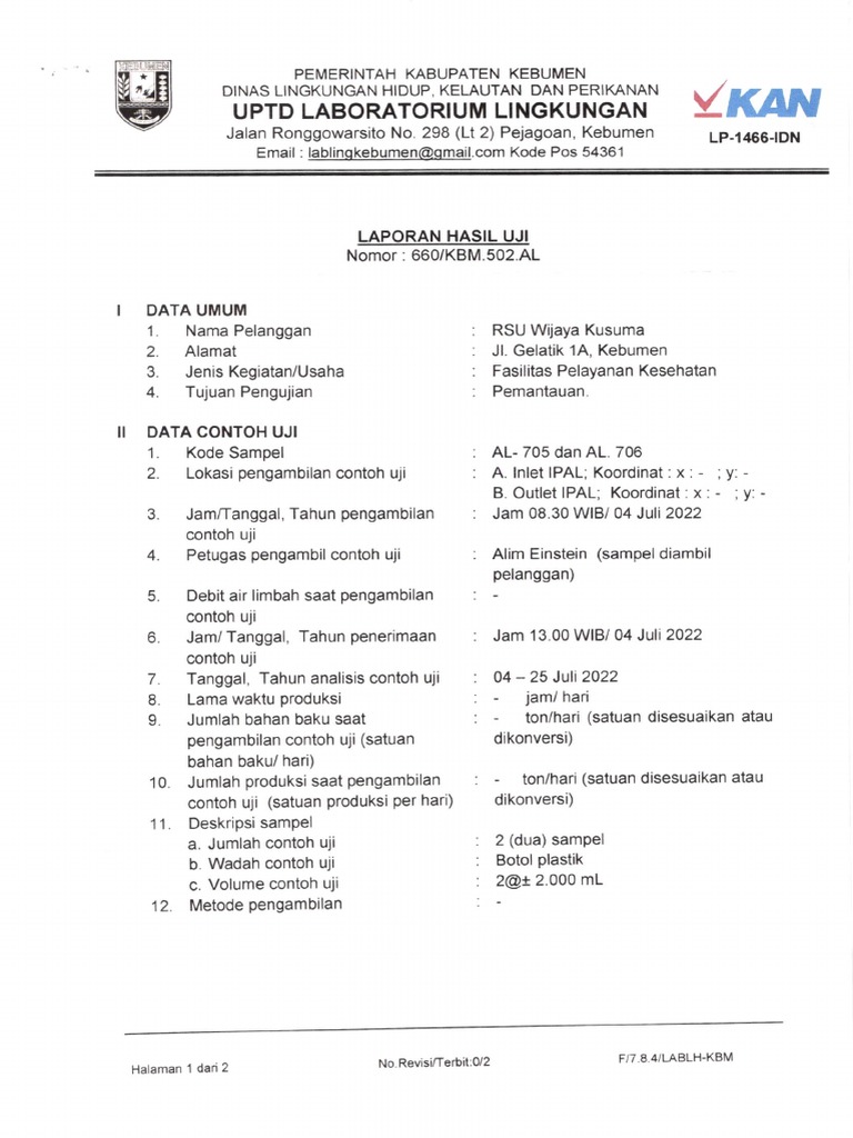 Hasil Pemeriksaan IPAL Juli 2022 | PDF