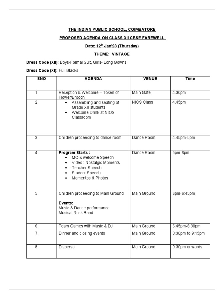 CBSE Grade 12 Farewell Agenda - Jan'23 | PDF