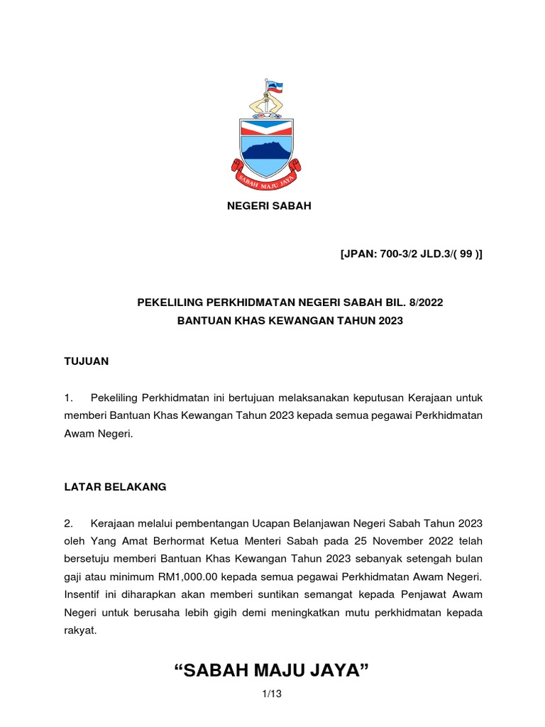 Pekeliling Perkhidmatan Negeri Sabah Bilangan 8 Tahun 2022 | PDF