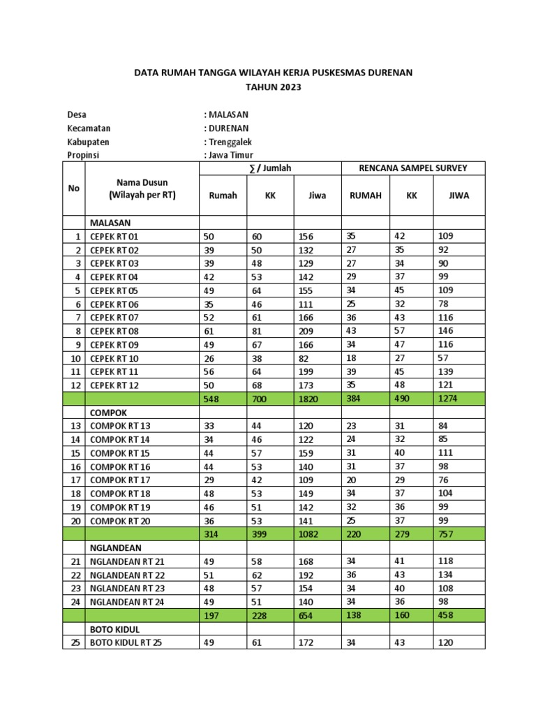 Data Rumah Tangga Wilayah Kerja Puskesmas Durenan | PDF