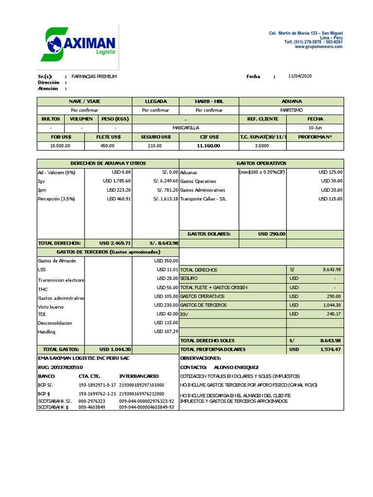 Proforma Agencia de Carga Aduana | PDF