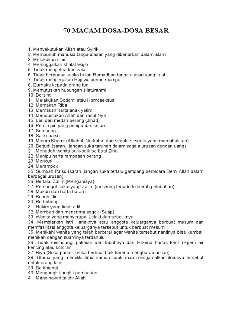 70 Jenis Dosa Besar dalam Islam | PDF