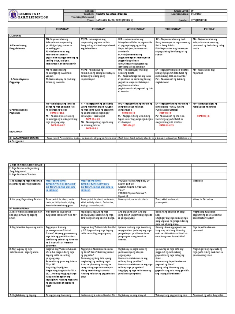 DLL - Filipino 4 - Q2 - W9 | PDF