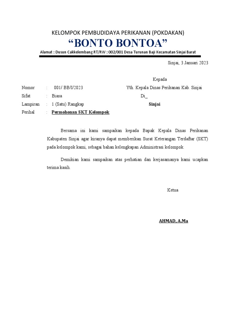 Permohonan SKT Pokdakan Bonto Bontoa | PDF