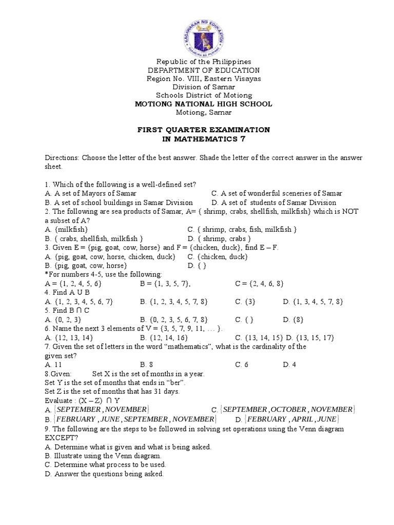 1st Quarter Examination Math7 2022 2023 | PDF | Multiplication | Mathematics