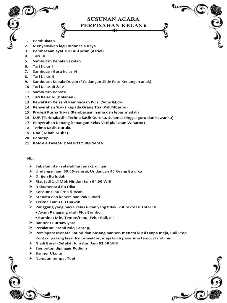 Susunan Acara Perpisahan Kelas 6 | PDF