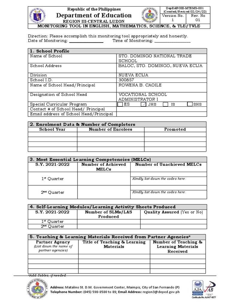 Monitoring Tool in English Math and Science 2022 | PDF | Educational Assessment | Teachers