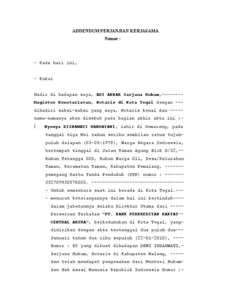 ADDENDUM PERJANJIAN KERJASAMA Minuta | PDF