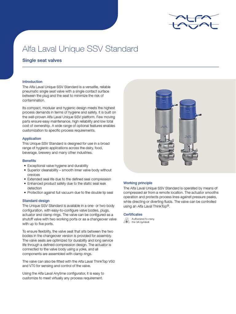 Alfa Laval Unique SSV Standard Product Leaflet | PDF | Valve | Actuator
