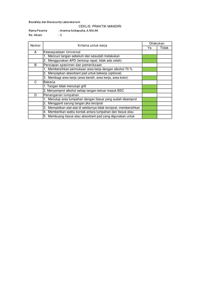 Checklist Biosafety Dan Biosecurity Laboratorium | PDF | Kesehatan ...