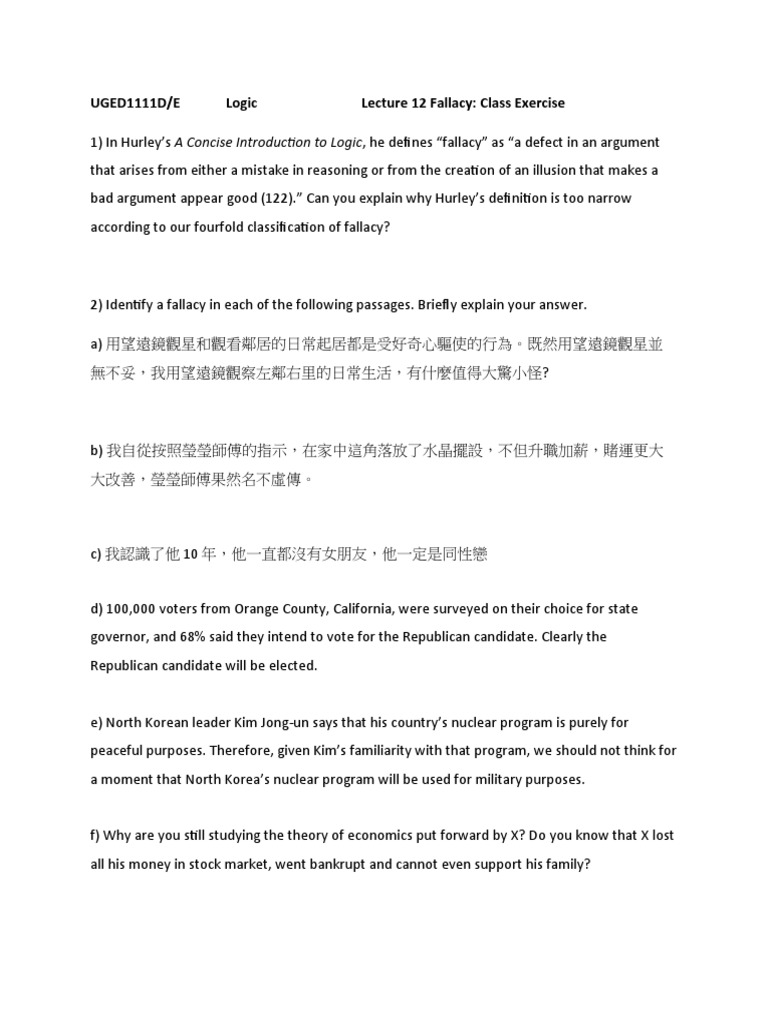 Lecture 12 Class Exercise | PDF | Fallacy | Reason