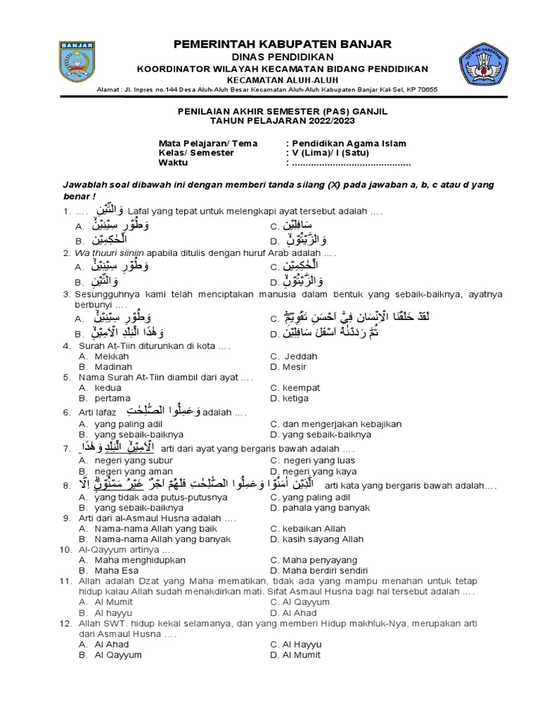 Soal PAS PAI Kelas V Semester 1 2022-2023 | PDF | Agama & Spiritualitas