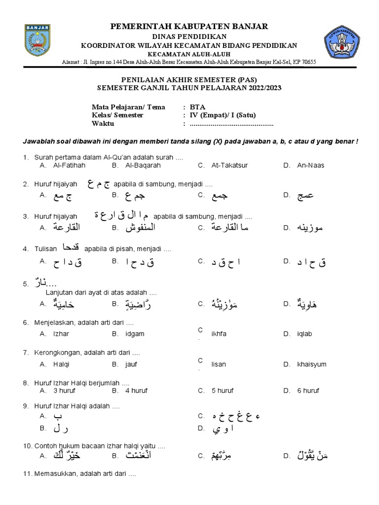 SOAL PAS Kelas 4 BTA SMT Ganjil Aluh-Aluh TP 2022-2023-2 | PDF