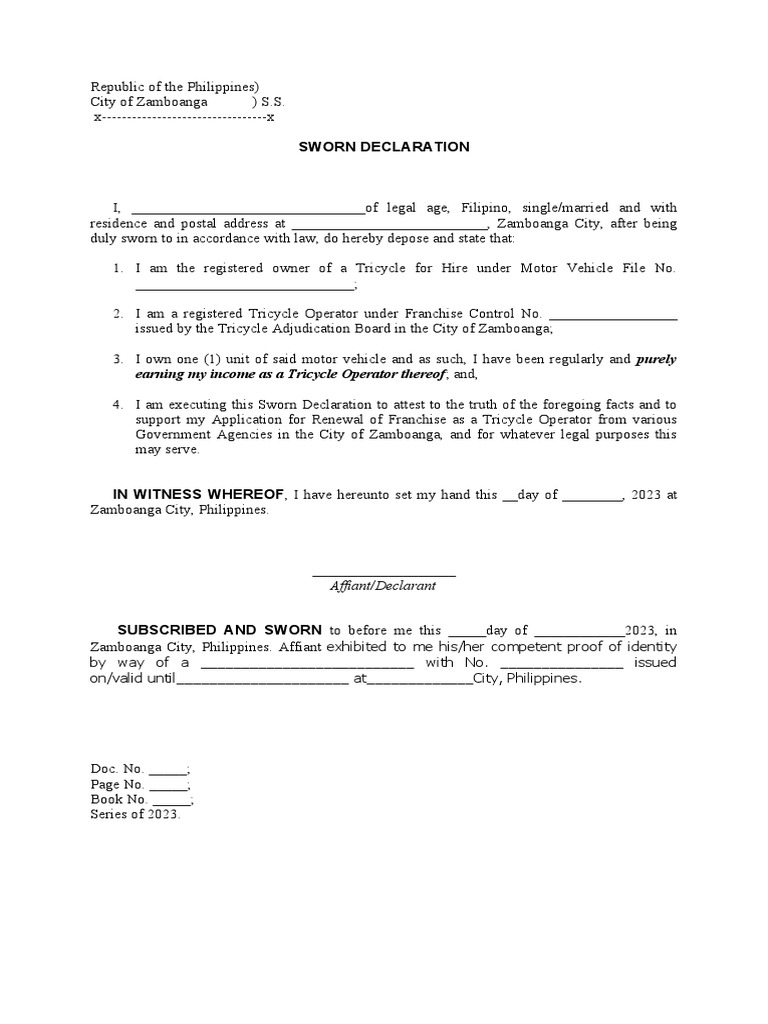 Sworn declaration of tricycle ownership and operation | PDF