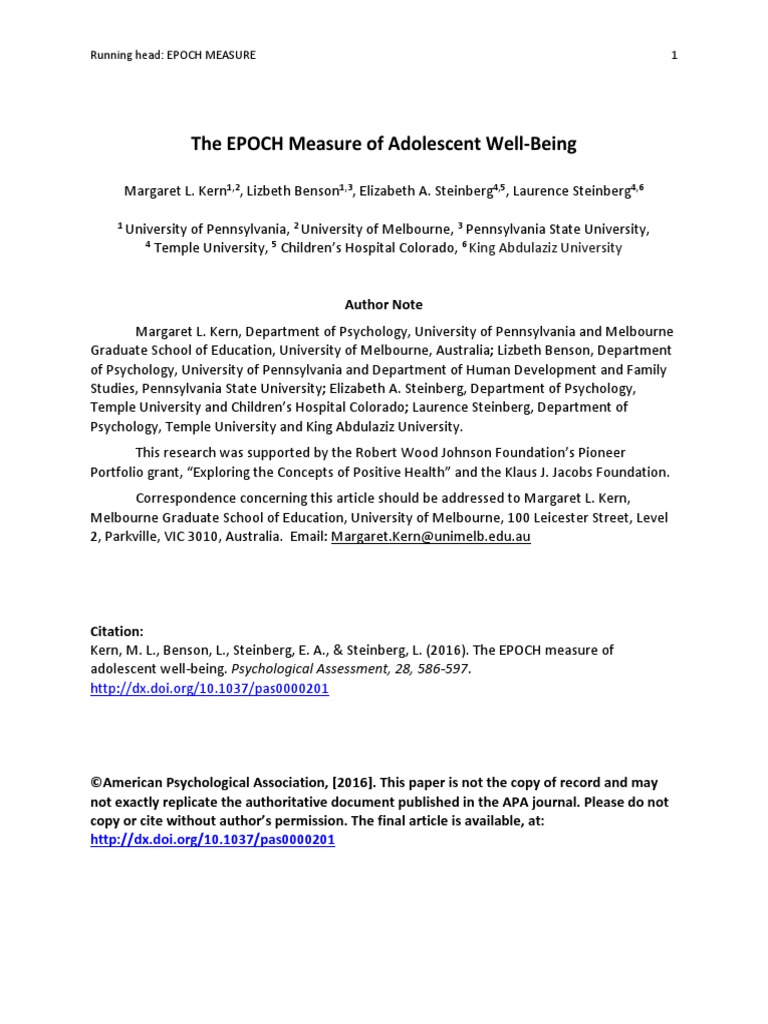 Kern Et Al 2016 Epoch Measure Of Adolescent Wellbeing Pdf