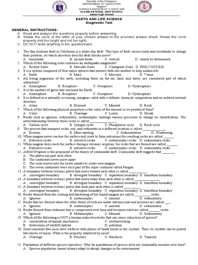 ELS Diagnostic Test | PDF | Rock (Geology) | Plate Tectonics