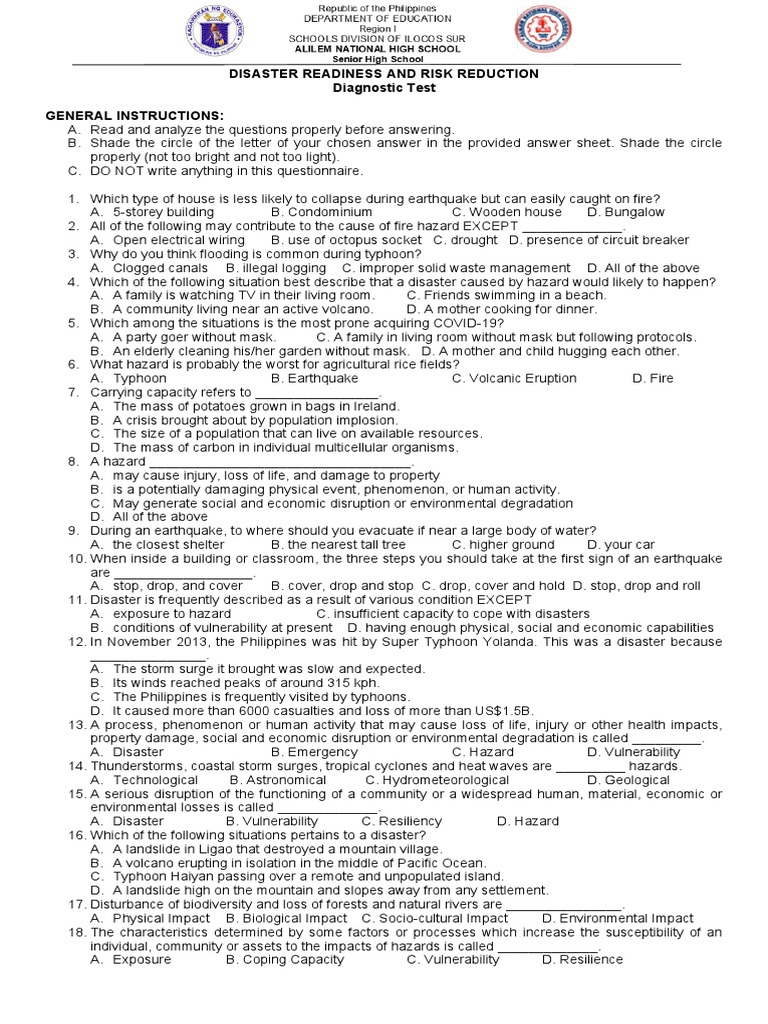DRRR Diagnostic Test | PDF | Hazards | Earthquakes