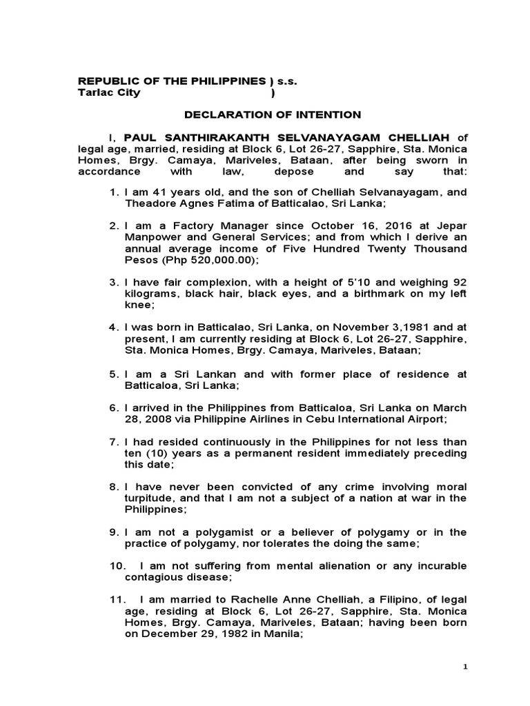 Declaration of Intention for Naturalization | PDF | Affidavit | Philippines