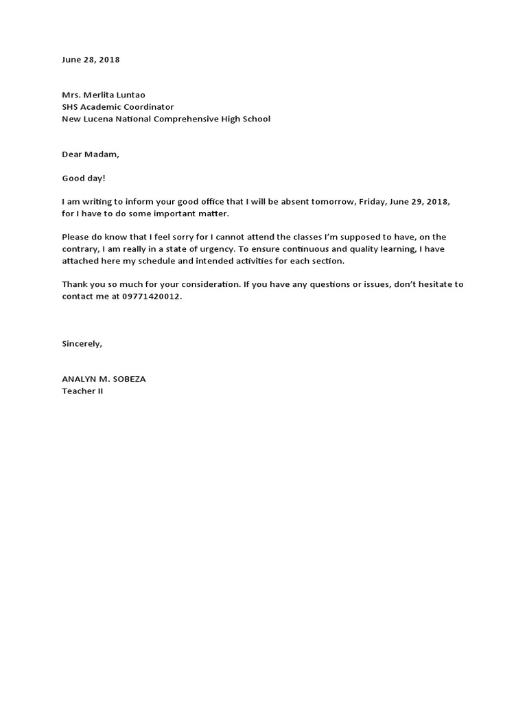 Excuse Letter For Absence | PDF