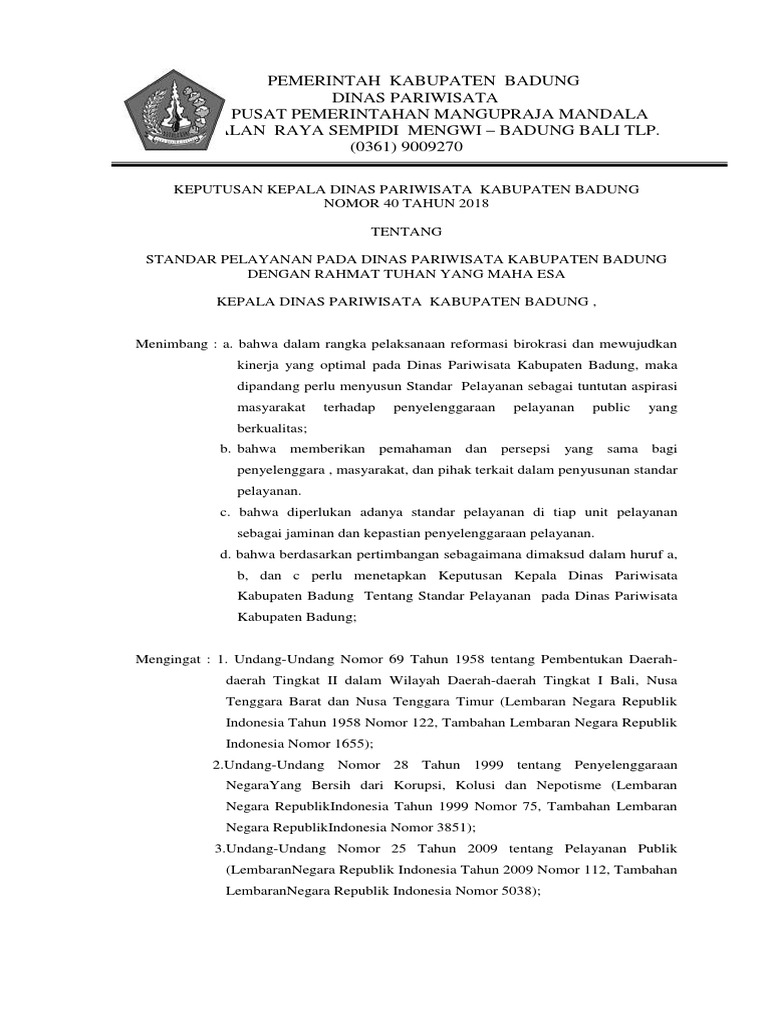 Standar Layanan Pariwisata Badung | PDF | Pengelolaan Keuangan & Uang | Bisnis