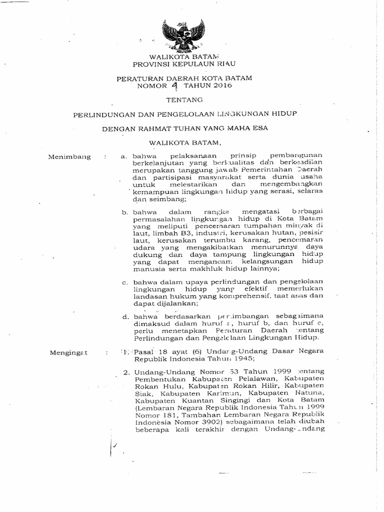 Perda Kota Batam No 4 Tahun 2016 | PDF
