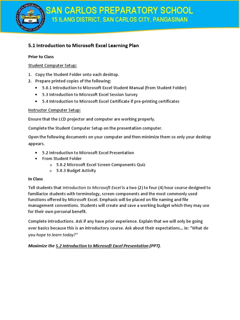 Learning Plan Computer 7 Excel | PDF | Microsoft Excel | Computer Science