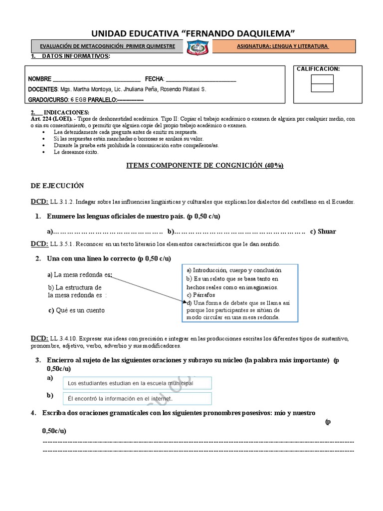 Evaluación de Lengua y Literatura 1° Grado | PDF | Pronombre | Asunto ...
