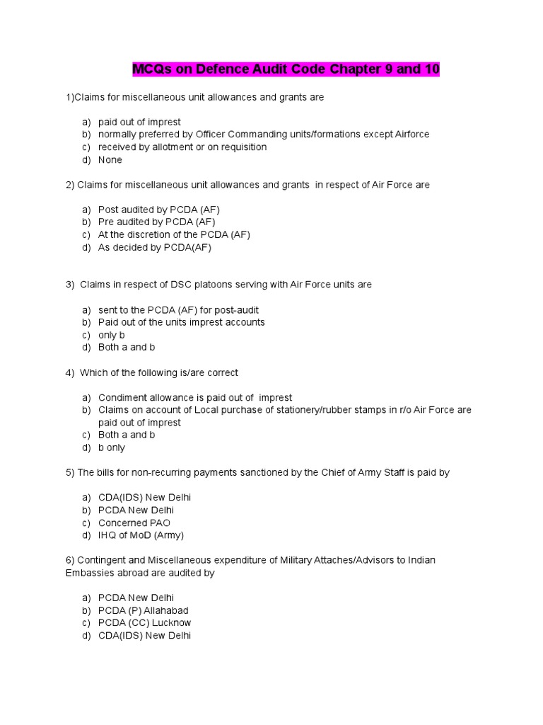 MCQs on Defence Audit Code Chapter 9 and 10 | PDF | Government