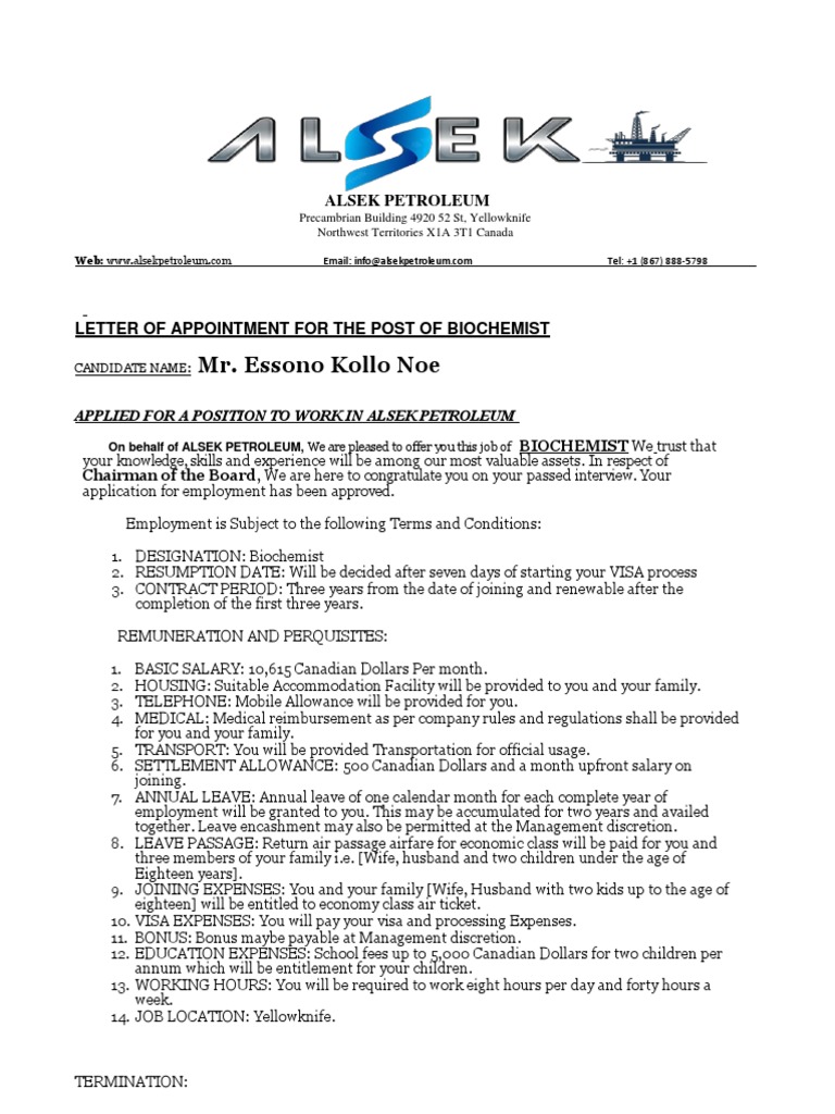 ALSEK PETROLEUM Appointment Letter Mr. Essono Kollo Noe | PDF | Employment | Salary