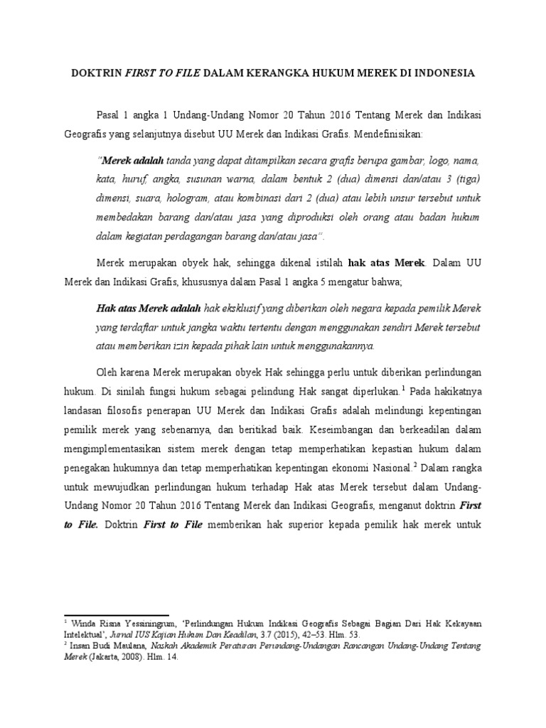 Doktrin First To File Dalam Kerangka Hukum Merek Di Indonesia | PDF
