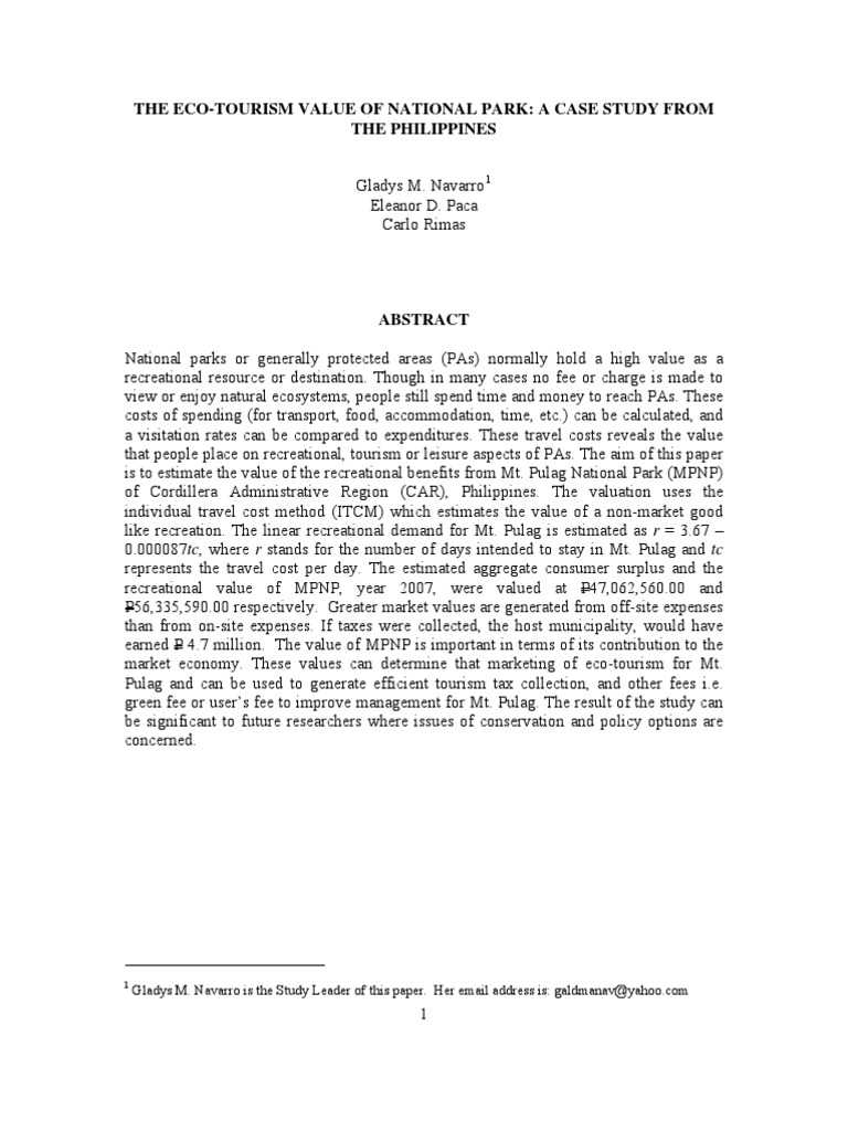 The Eco-Toursim Value of A National Park A Case From The Philippines ...