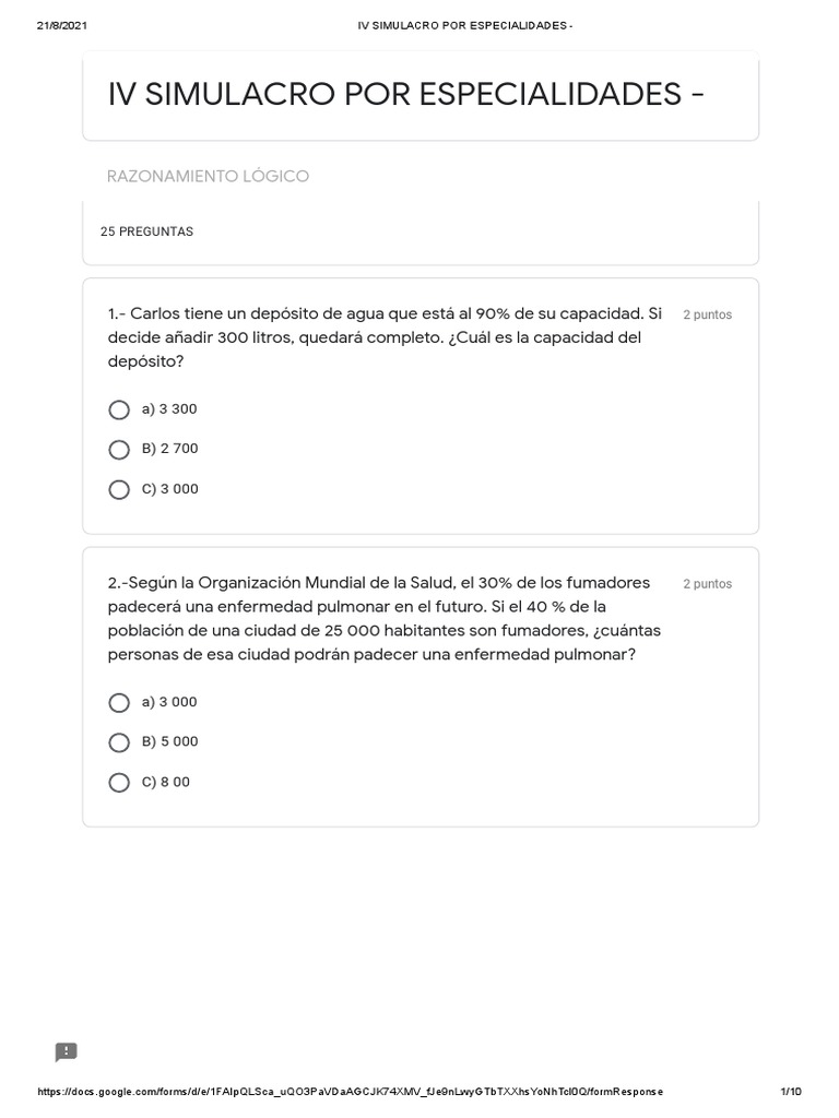 IV Simulacro Por Especialidades - RM | PDF