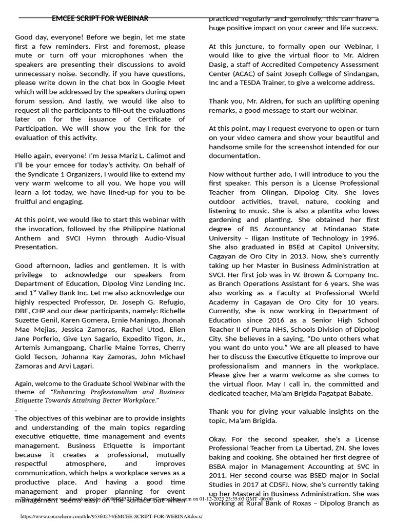 Emcee Script For Webinar | PDF