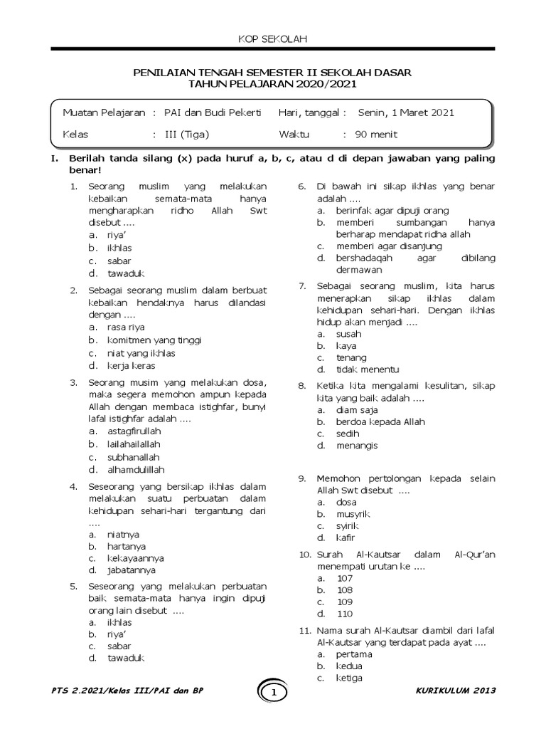 Soal Uts Agama Islam Kelas 3 | PDF