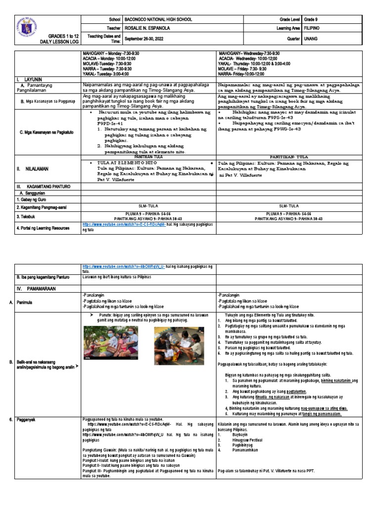 DLL-filipino-9 Unang Markahan | PDF