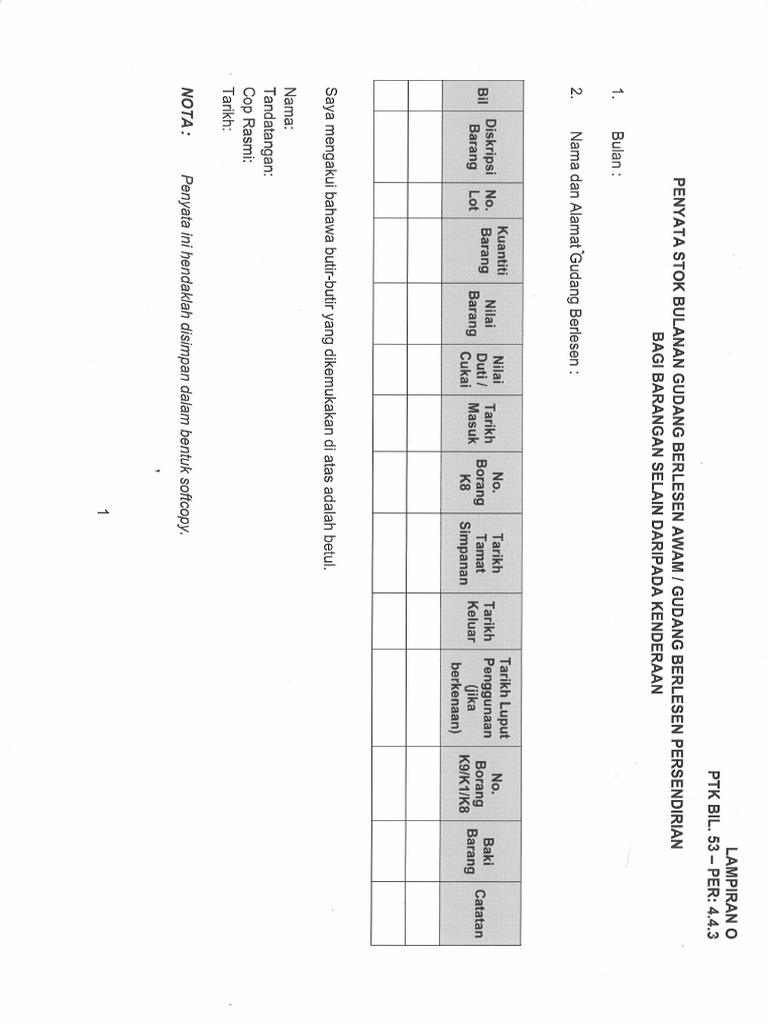 PTK53 Lampiran O Penyata Bulanan | PDF