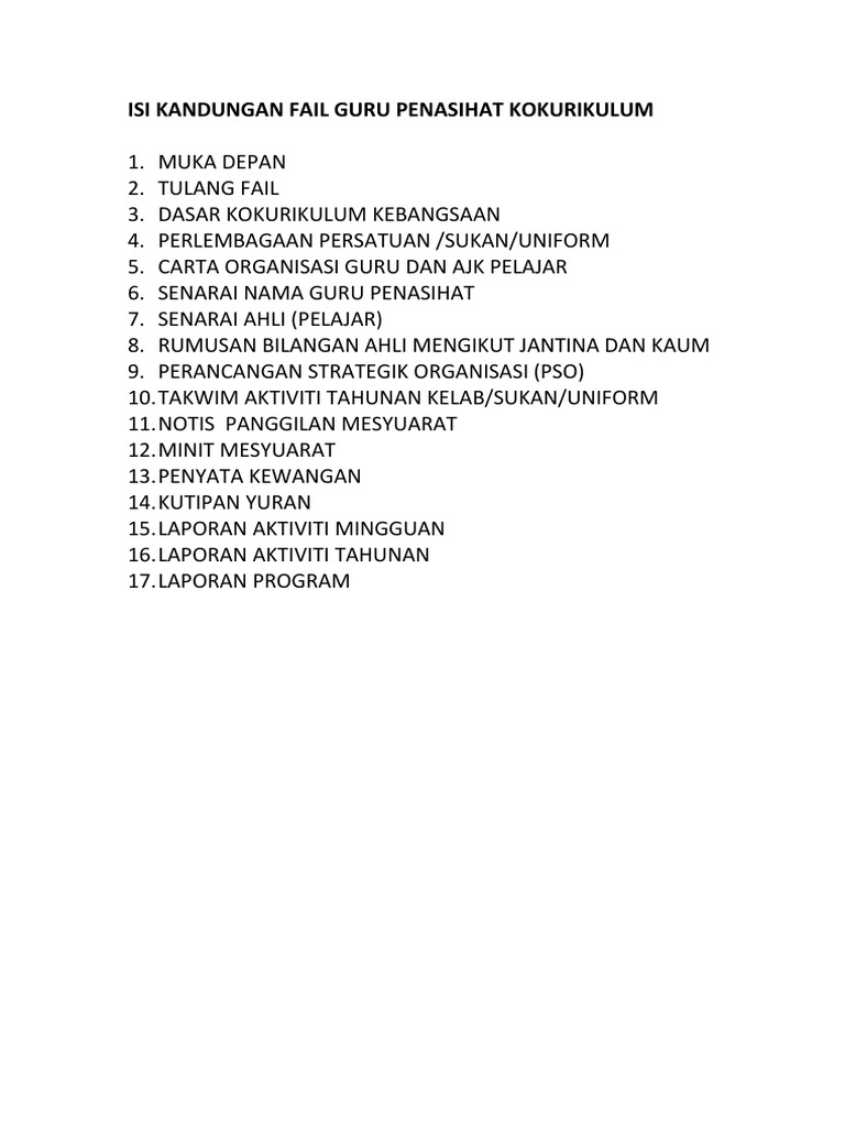 Isi Kandungan Fail Guru Penasihat Kokurikulum | PDF