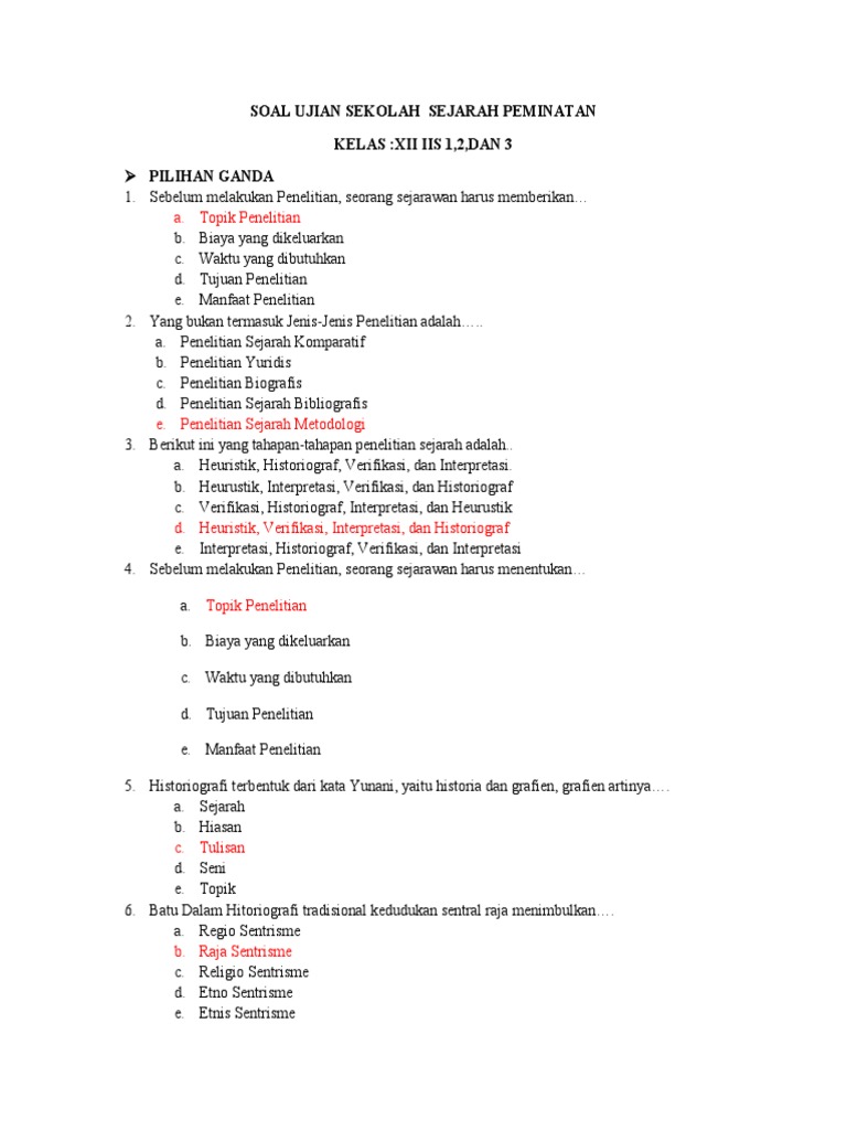 Soal Ujian Sekolah Sejarah Peminatan KLS 12 Iis 1,2,3 Fix | PDF