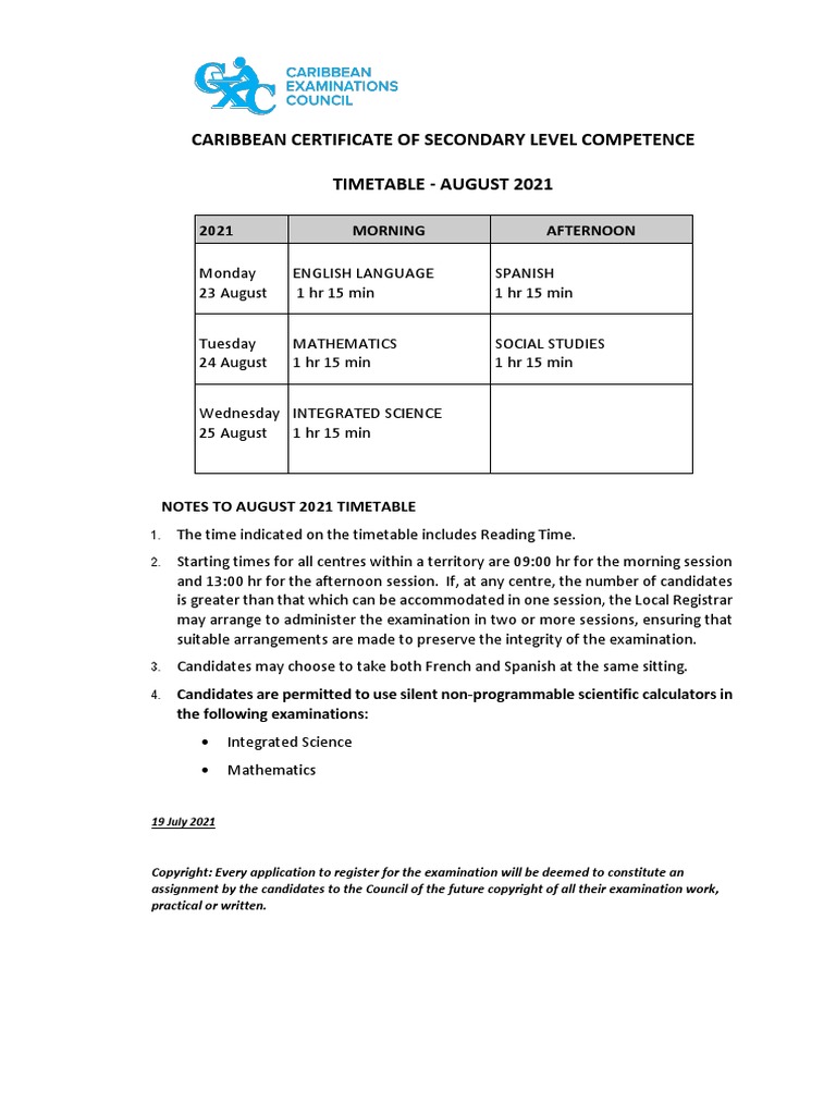 SVG Timetable CCSLC Revision 2021 FINAL | PDF