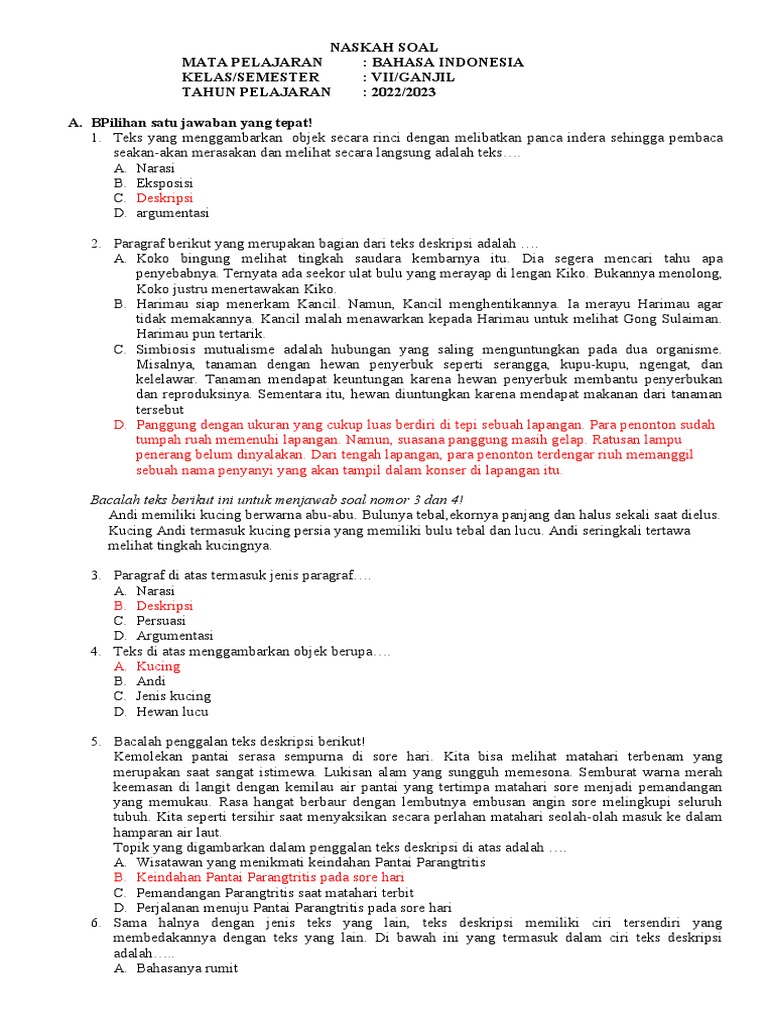 Soal Pas Bindo Kelas Vii Semester Ganjil Kurikulum Merdeka | PDF