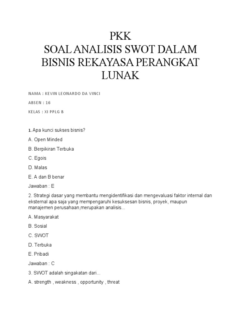 Soal Analisis SWOT dalam Bisnis PKK | PDF | Bisnis | Pengembangan Diri
