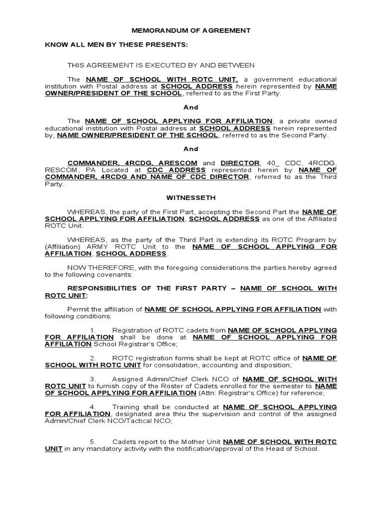 Sample Moa Rotc Affiliation | PDF | Reserve Officers' Training Corps